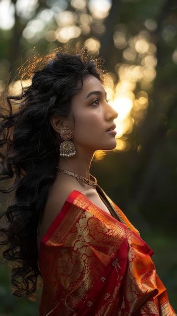 Premium Photo Woman In Red And Gold Sari At Indian Festival