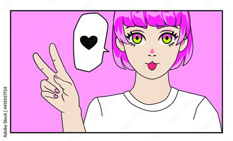 Cartoon Slylish Anime Girl Showing Victory Hand Gesture Modern Trendy