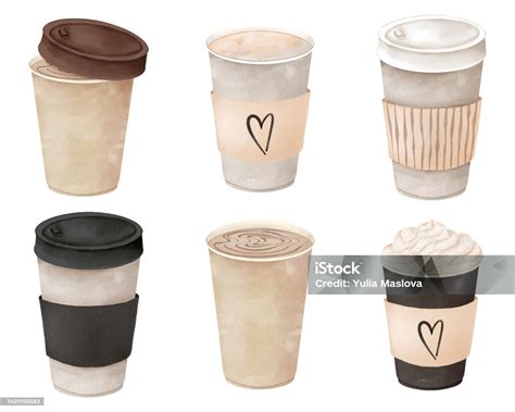 コーヒーセットのカップ水彩画風のコーヒーの紙コップの画像白い背景に孤立したイラスト イラストレーションのベクターアート素材や画像を多数ご