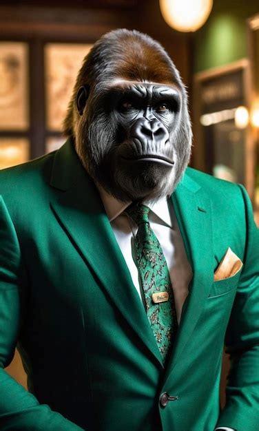A Gorilla Wearing A Green Suit And A Tie With A Gold Tag On It