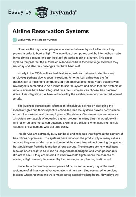 Airline Reservation Systems 595 Words Essay Example