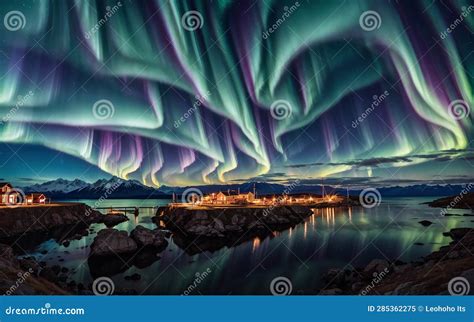 Northern Lights With Stars In The Night Sky In The Snowy Mountains