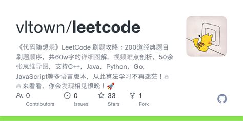 Github Vltownleetcode 《代码随想录》leetcode 刷题攻略：200道经典题目刷题顺序，共60w字的详细图解，视频难点剖析，50余张思维导图，支持c