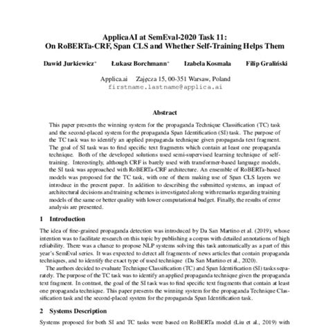 ApplicaAI At SemEval Task On RoBERTa CRF Span CLS And Whether Self Training Helps Them