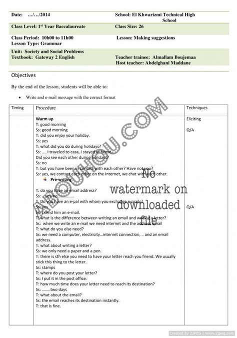 Z Mixed Gateway Lp Pesrsonal Email Writing Lesson Plan Lesson Plan 2bac