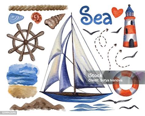 손 그리기 수채화 해양 항해 세트 등대 바다 조개 보트 카드 인쇄 엽서 포스터 패턴 템플릿에 사용 수채화에 대한 스톡 벡터 아트 및 기타 이미지 Istock