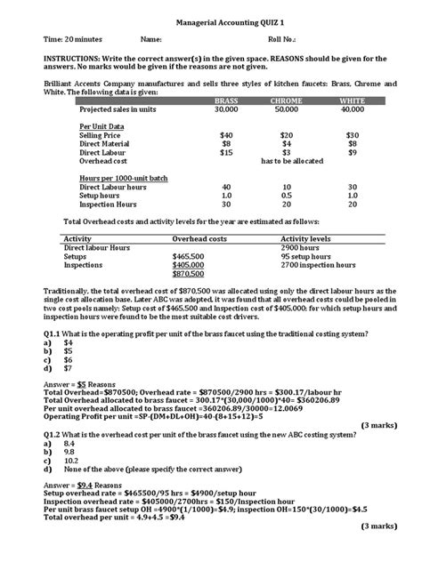 Managerial Accounting Quiz 1 Solution Pdf Cost Management