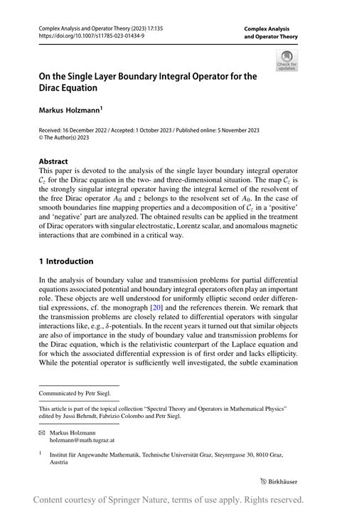 Pdf On The Single Layer Boundary Integral Operator For The Dirac Equation