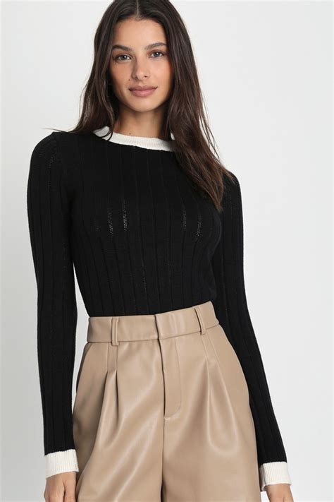 Chic Black Top Sweater Top Long Sleeve Top Color Block Top Lulus
