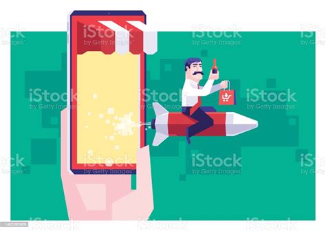 로켓을 타고 스마트 폰으로 맥주 병과 쇼핑백을 들고있는 사업가 Brand Name Smart Phone에 대한 스톡 벡터 아트