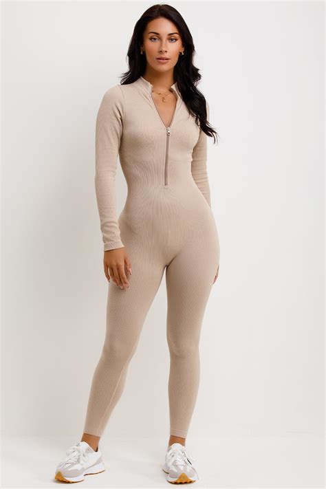Seamless Ribbed Jumpsuit Structured Contour Unitard Zip Front Beige