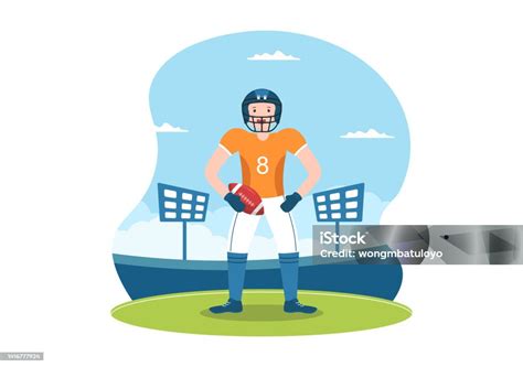 게임을 가진 미식 축구 스포츠 선수는 타원형 모양의 공을 사용하고 필드 손으로 그린 만화 플랫 일러스트레이션에서 갈색입니다 가죽에 대한 스톡 벡터 아트 및 기타 이미지