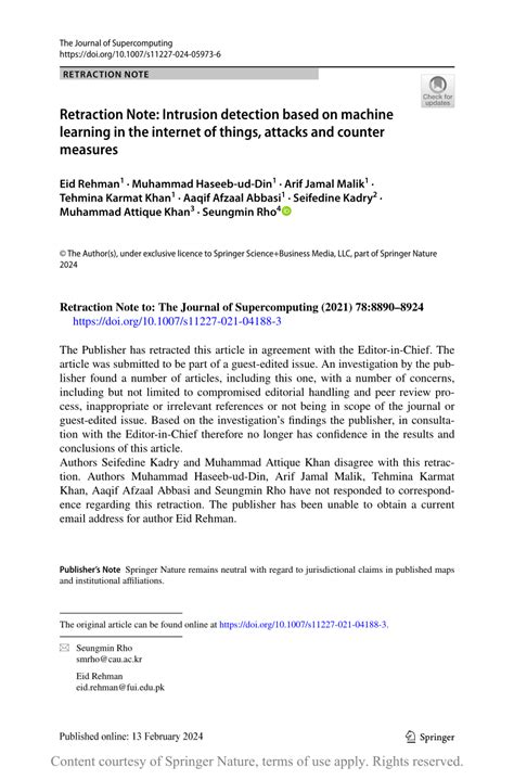 Retraction Note Intrusion Detection Based On Machine Learning In The