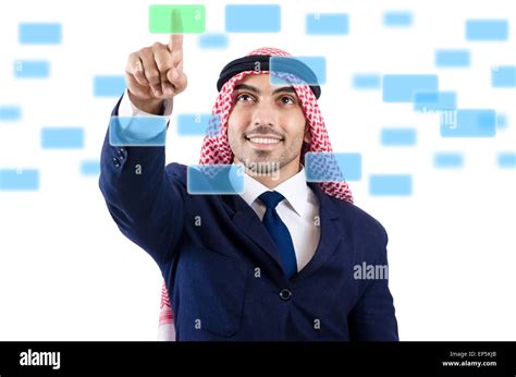 Arab Man Pressing Virtual Buttons Stock Photo Alamy