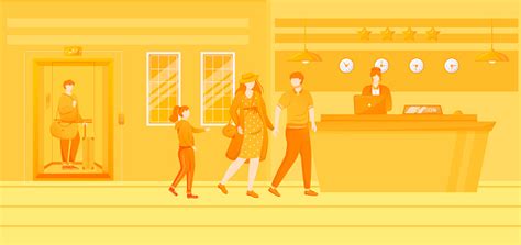 호텔 클라이언트 플랫 벡터 일러스트레이션 리셉션 근처에 아이를 가진 사람들 객실 예약 접객 서비스 로비 대기 공간 프론트 데스크 접수및손님 만화 캐릭터 가공의 인물에 대한