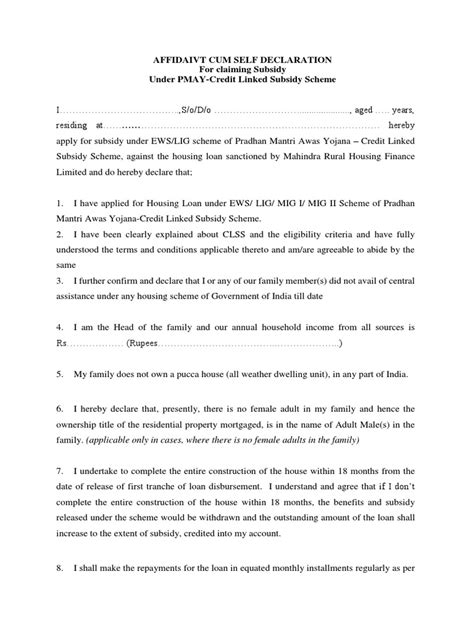 Affidaivt Cum Self Declaration For Claiming Subsidy Under Pmay Credit Linked Subsidy Scheme