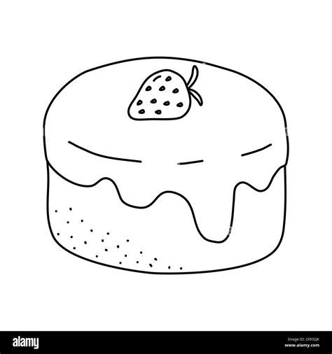 Sponge Cake Coated With Cream Decorated With Strawberry Doodle Style