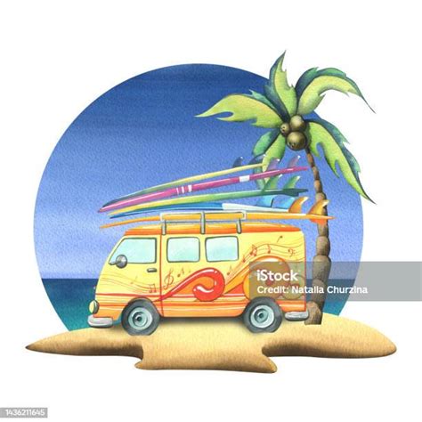 지붕에 서핑 보드가있는 노란색 밴이 바다와 하늘을 배경으로 코코넛 야자수가있는 모래 섬을 걷고 있습니다 Surfing 컬렉션의 수채화 그림 만화 스타일 브라이튼 비치 뉴욕에