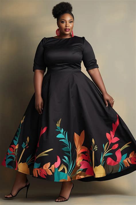 Xpluswear Design Plus Size Semi Formal Black Floral Round Neck Half