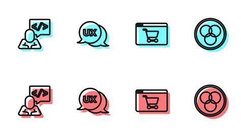 화면 프론트 엔드 개발 Ui 또는 Ux 디자인 및 Rgb 및 Cmyk 색상 믹싱 아이콘에 온라인 쇼핑을 설정합니다 벡터 Cmyk에 대한 스톡 벡터 아트 및 기타 이미지