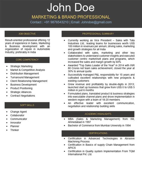 sample cv format 1 download free pdf marketing sales