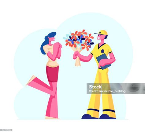 배달맨에서 아름다운 꽃의 꽃다발을 얻을 행복 귀여운 놀란 소녀 여자 친구에게 선물을 보내는 남자 친구 사랑 커플 사랑 관계 배달