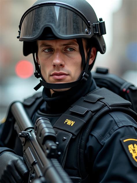 Man As A Swat Officer Wearing Black Swat Vest Swat Helmet Holding Pdw 12661232 Royalty