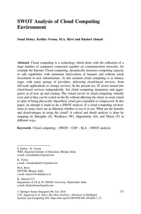 Pdf Swot Analysis Of Cloud Computing Environment