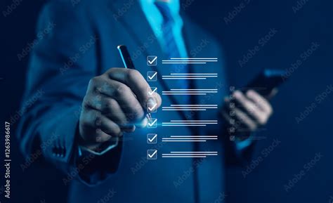 Business Performance Checklist Businessman Using Laptop Doing Online Checklist Survey On