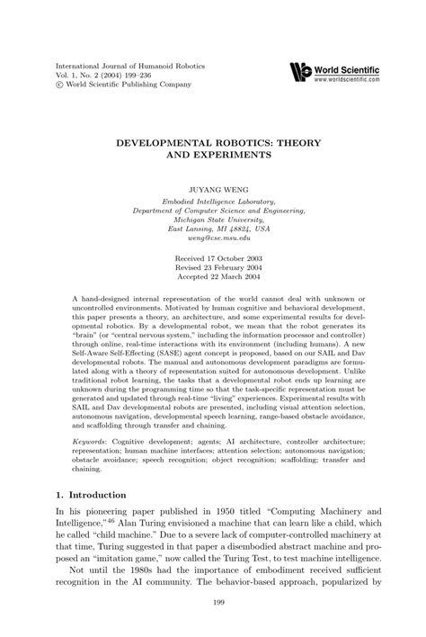 Pdf Developmental Robotics Theory And Experiments