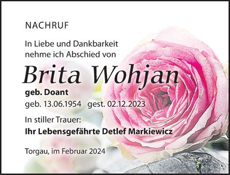 Traueranzeigen Von Brita Wohjan Trauer Anzeigende
