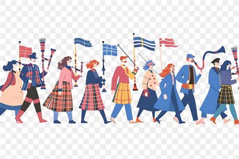 세인트 앤드류스 데이 퍼레이드에서 행진하는 Psd 사람들은 패트리오 플래트 2d 디자인 페스티벌 배너 아트입니다 프리미엄 Psd 파일
