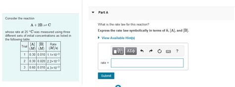 Solved Consider The Reaction A 2 BC What Is The Rate Law Chegg