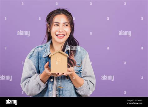 Happy Asian Portrait Beautiful Cute Young Woman Wear Denim Excited