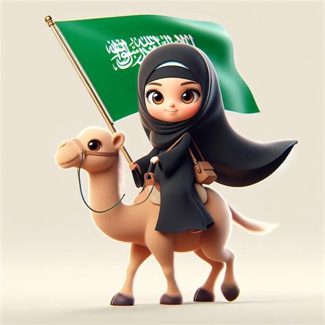 Arabic Girl Riding A Camel Holding Saudi Arabia Flag 3d Rendering On
