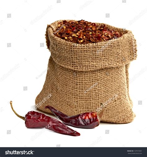 Crushed Pimienta Roja Red Pepper In Sack With Dried Chili Peppers On