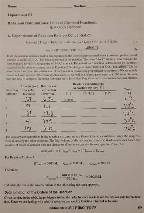 Solved Name Section Experiment 21 Data And Calculations
