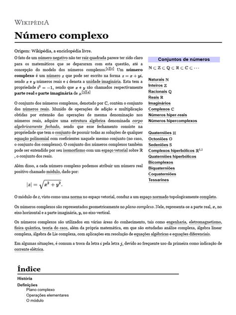 Matematica Mmb5501 S06 13 Número Complexo Wikipédia A Enciclopédia Livre Pdf