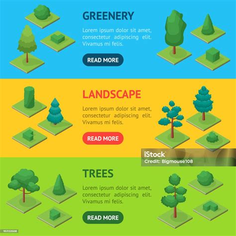 그린 나무 공원 배너 가로 설정 3 차원 Isometric 보기 벡터 나무에 대한 스톡 벡터 아트 및 기타 이미지 나무 등측투영법 입체 이미지 Istock