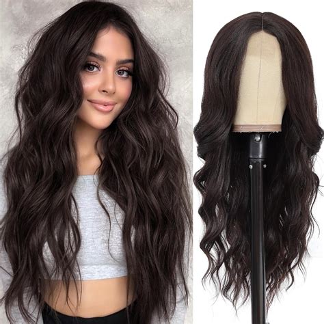 Nayoo Long Wavy Wigs For Women Dark Brown Middle Part Wig