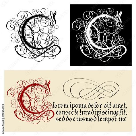 Decorative Gothic Letter C Uncial Fraktur Calligraphy Stock Vector