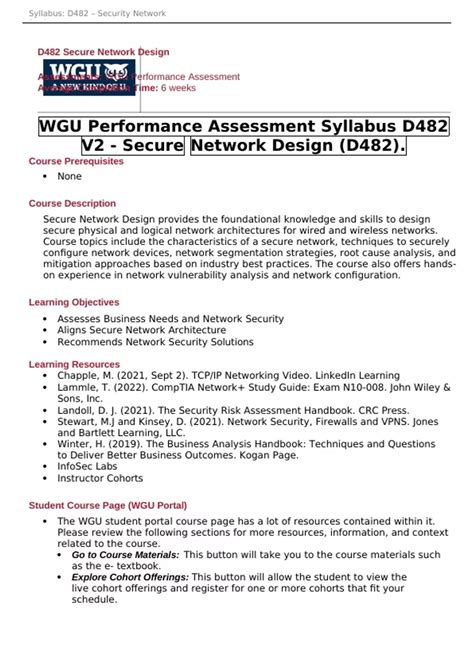 Wgu Performance Assessment Syllabus D482 V2 Secure Network Design