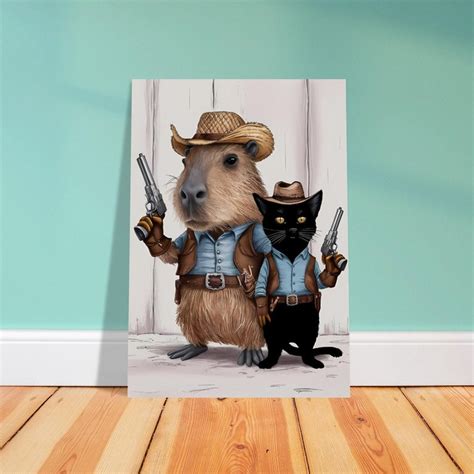 Capybara Cat Wall Art Western Home Decor Funny Cat Poster Quirky