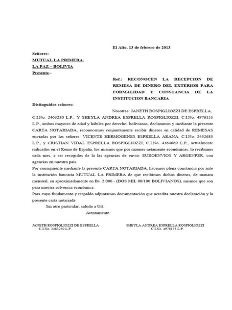 Carta Notariada A Bancos Por Remesad E Dierno Del Exte Pdf