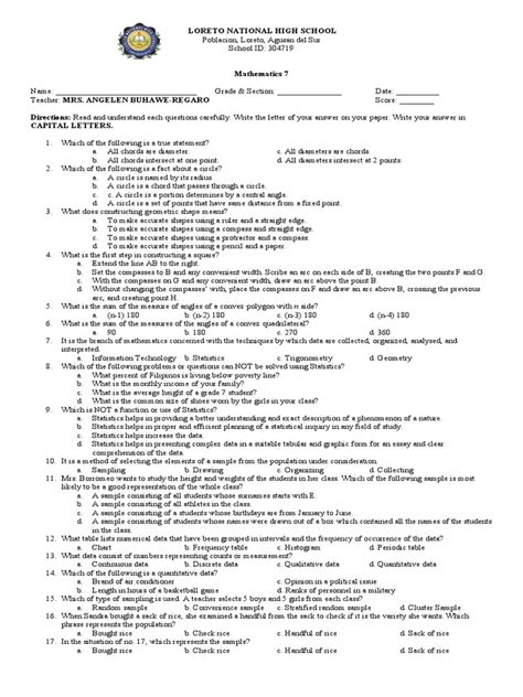 Fourth Quarter Test Mathematics 7 Pdf Circle Sampling Statistics