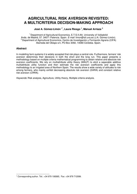Pdf Agricultural Risk Aversion Revisited A Multicriteria Decision Making Approach