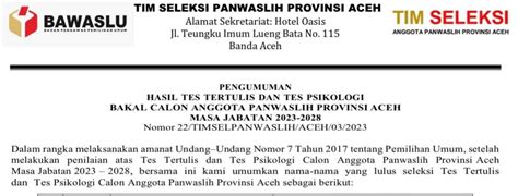 Timsel Umumkan 20 Calon Anggota Panwaslih Aceh Yang Lulus Tes Cat Dan