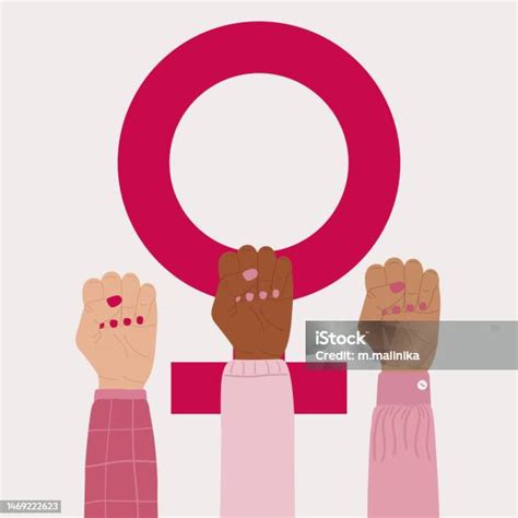 페미니즘 상징 포스터 다양한 여성이 금성 상징으로 주먹을 올렸다 소녀의 힘 평등을 위한 투쟁 페미니즘 자매애 개념 손으로 그린 벡터 그림입니다 로고에 대한 스톡 벡터 아트