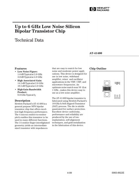 At 41400 Up To 6 Ghz Low Noise Silicon Bipolar Transistor Chip
