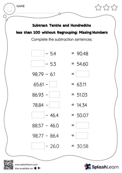 Subtract Tenths And Hundredths Less Than Without Regrouping